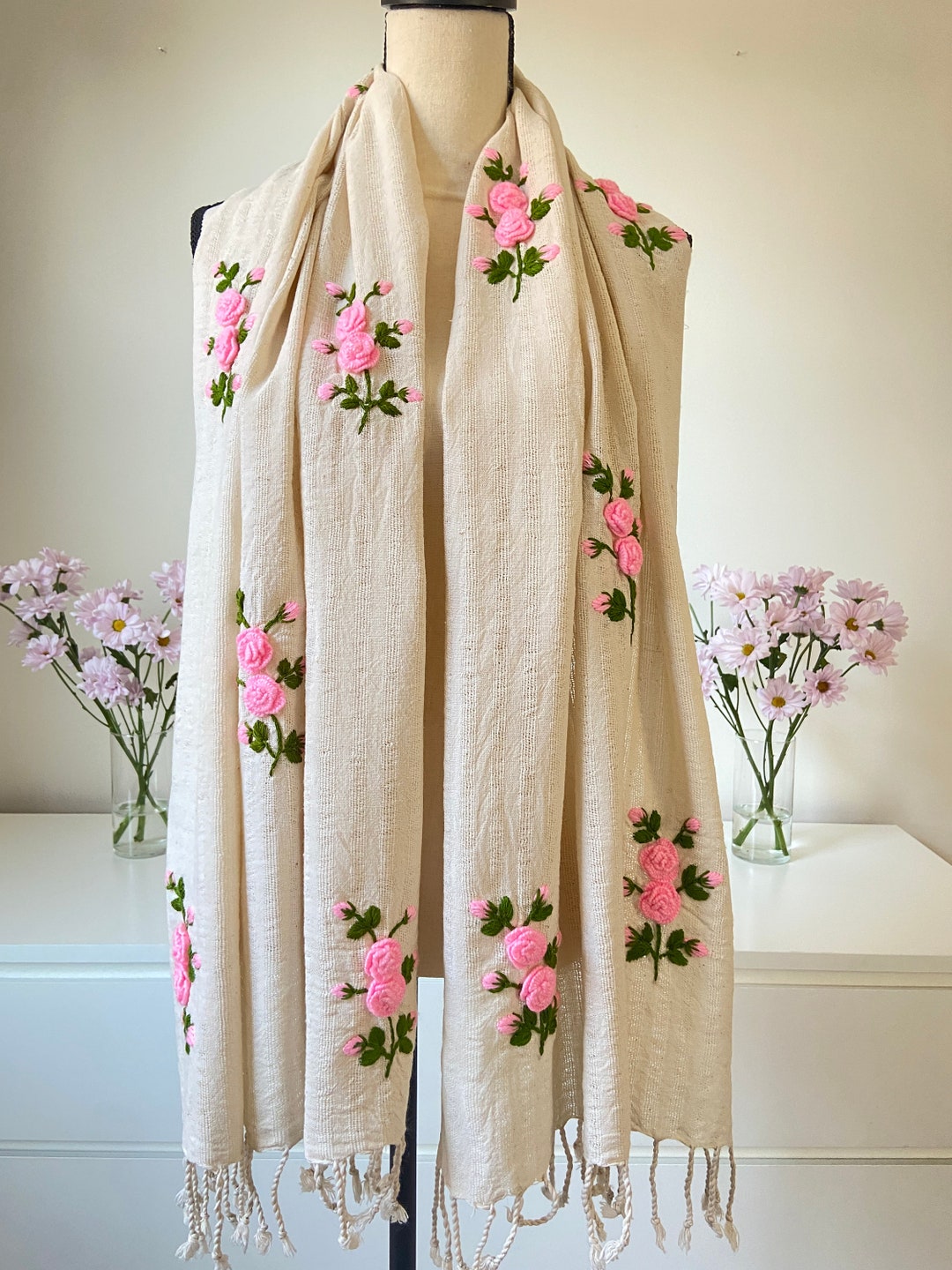 Baby Pink Roses - Hand Embroidery & Hand Woven Natural Cotton Shawl - Etsy