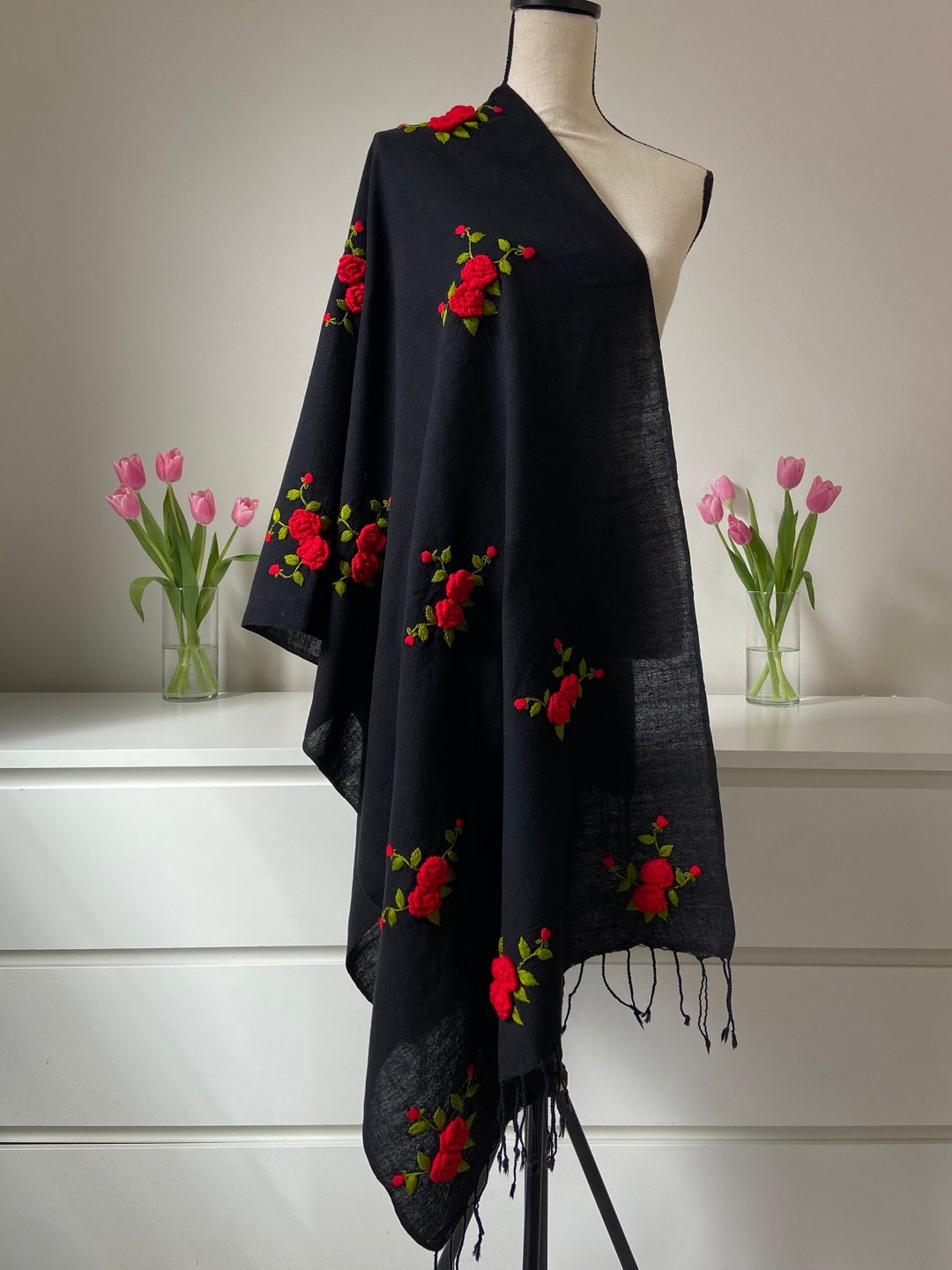 Red Roses in Black Hand Embroidery Shawl - Etsy