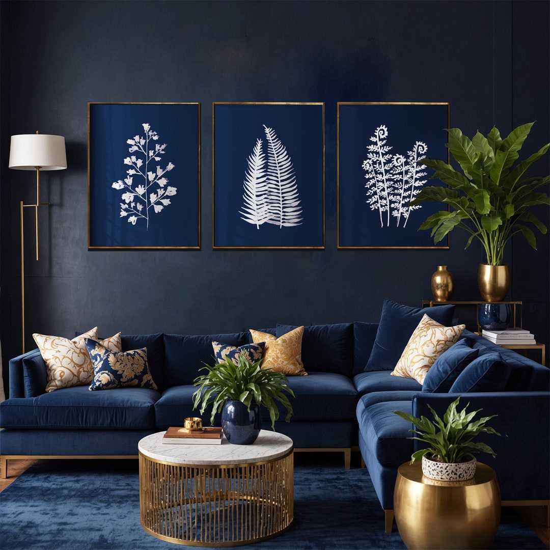 Navy Blue Fern Watercolor Art, Blue Botanical Print Set of 4 Fern Frond ...
