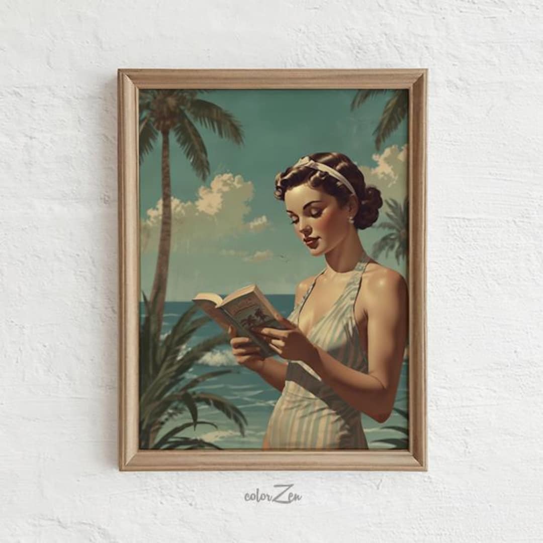 Vintage Seaside Girl Reading Art Print: Coastal Reading Nook Decor ...