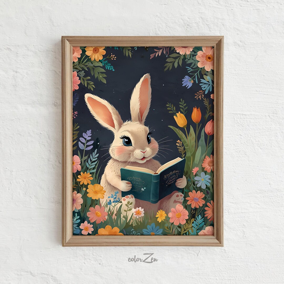 Bunny Reading Book Printable Wall Art Rabbit Read Book Wall Art ...