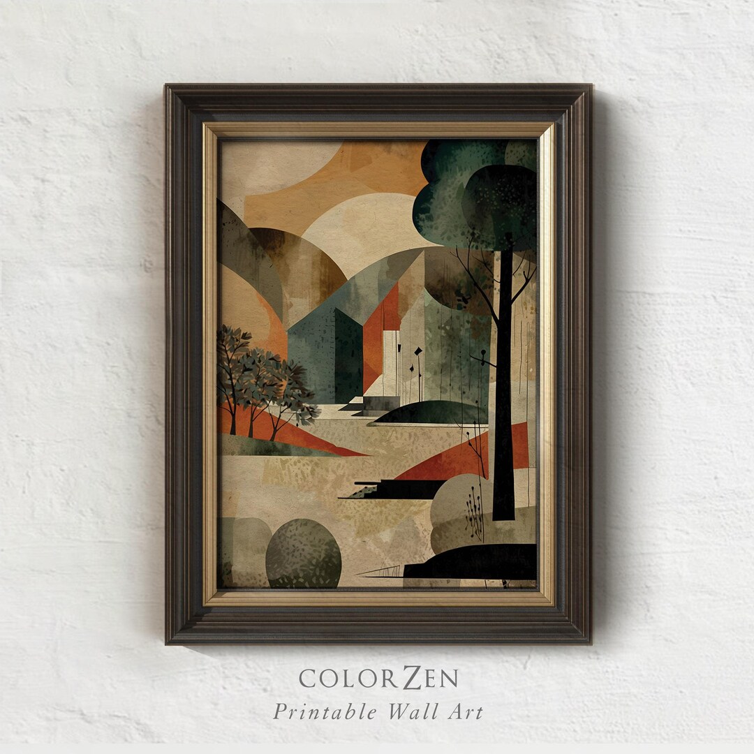 Modern Landscape Print, Earth Tone Geometric Mountain Art, Rustic ...