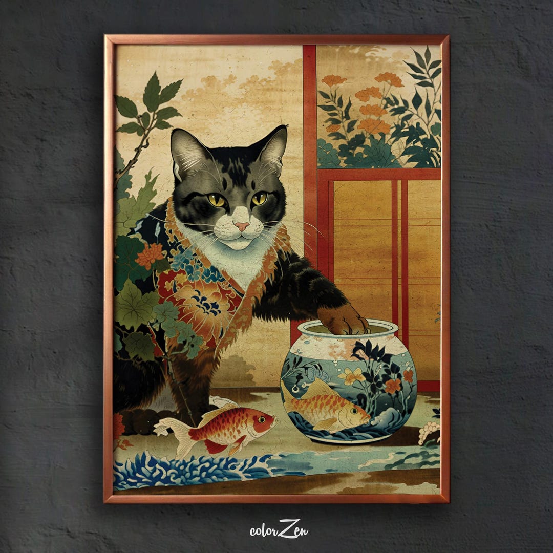 Japanese Cat Print | Retro Cat Poster Featuring Feline by Koi Pond ...