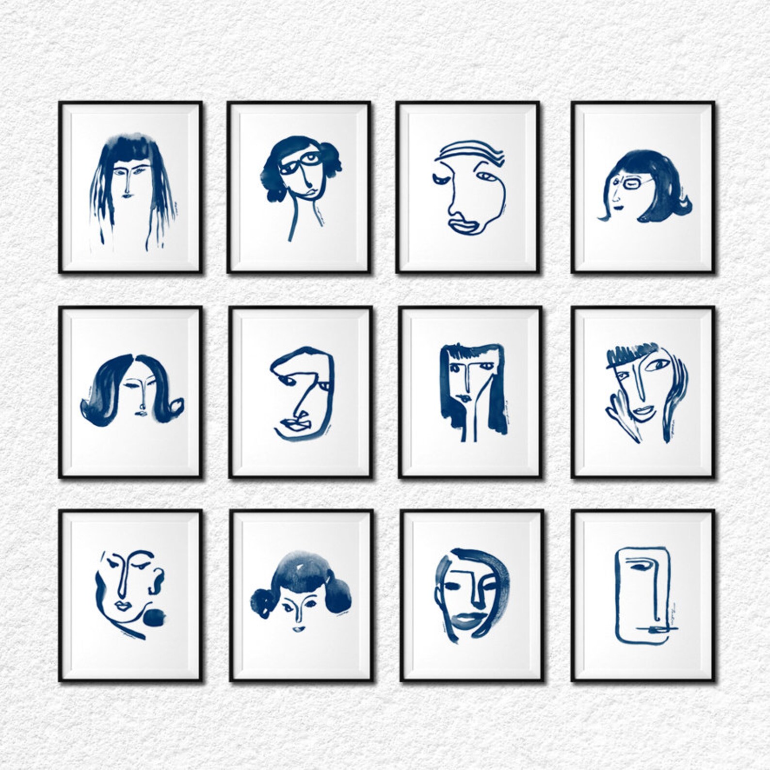 Line Drawing Woman Female Face Statement Portraits Set of 12 | Etsy