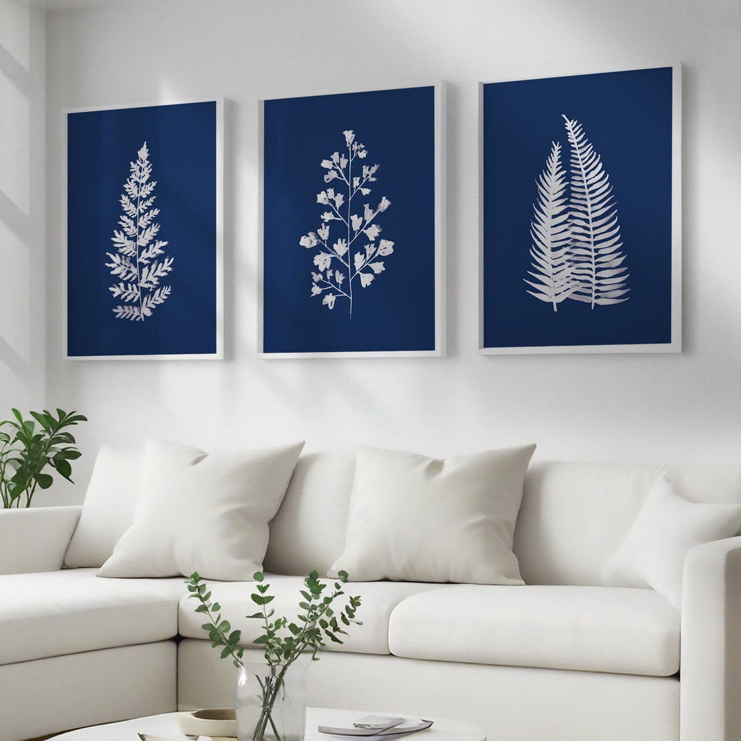 Navy Blue Botanical Wall Art, Navy Fern Prints, Plant Watercolor ...