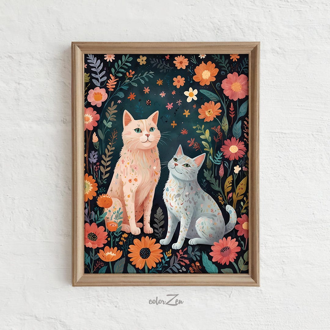 Gouache Cat Printable Artwork | Fairytale Illustration of Two Cats ...