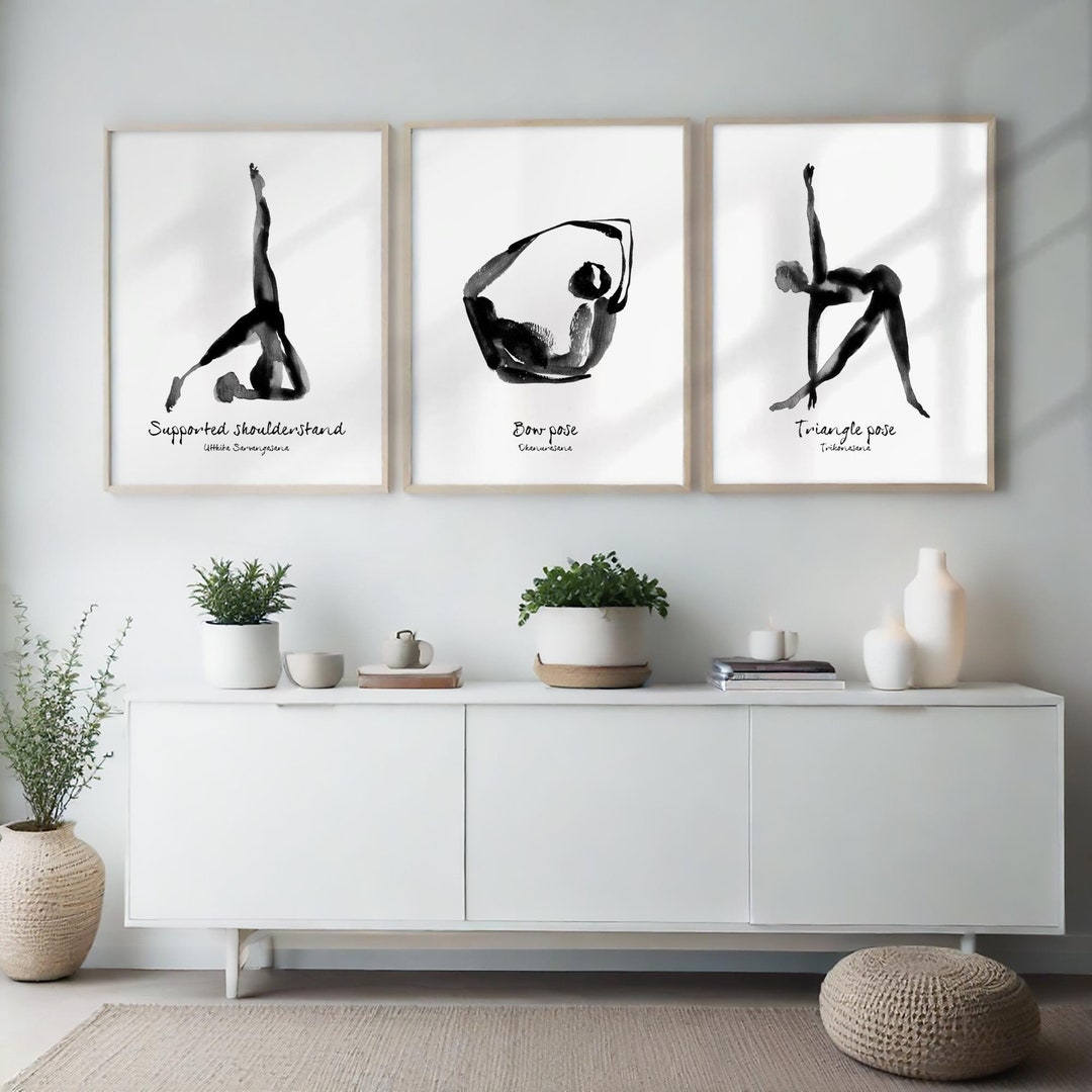 Black and White Yoga Poses Large Wall Art Set of 3, Asana Illustration ...