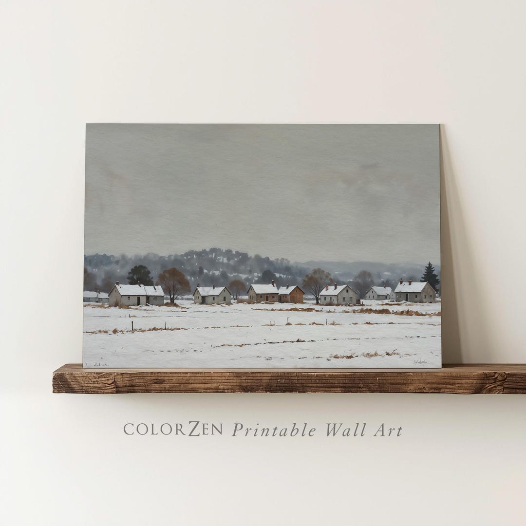 Winter Village Landscape Art Printable, Snow Scene Oil Painting, Nordic ...