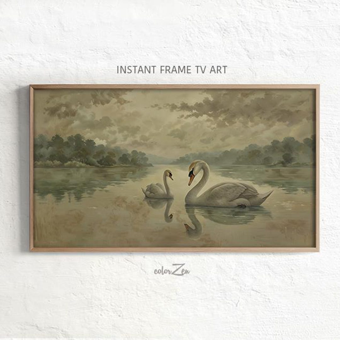 Swan Art, Vintage Swan Couple Artwork, Gold Tone Landscape, Swan Lake ...