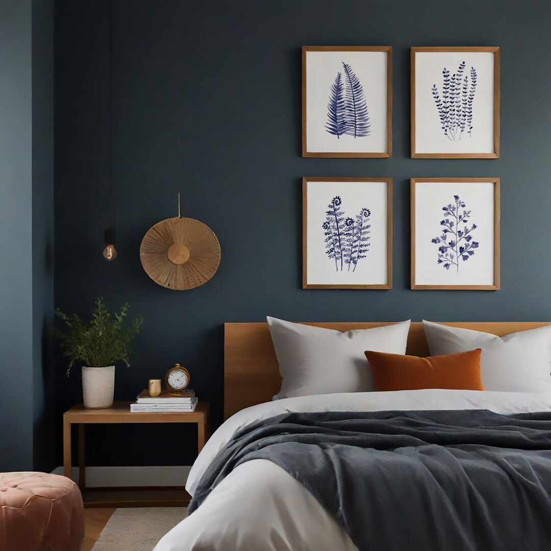 Navy Blue Fern Botanical Print Set of 4 Indigo Fern Watercolor ...