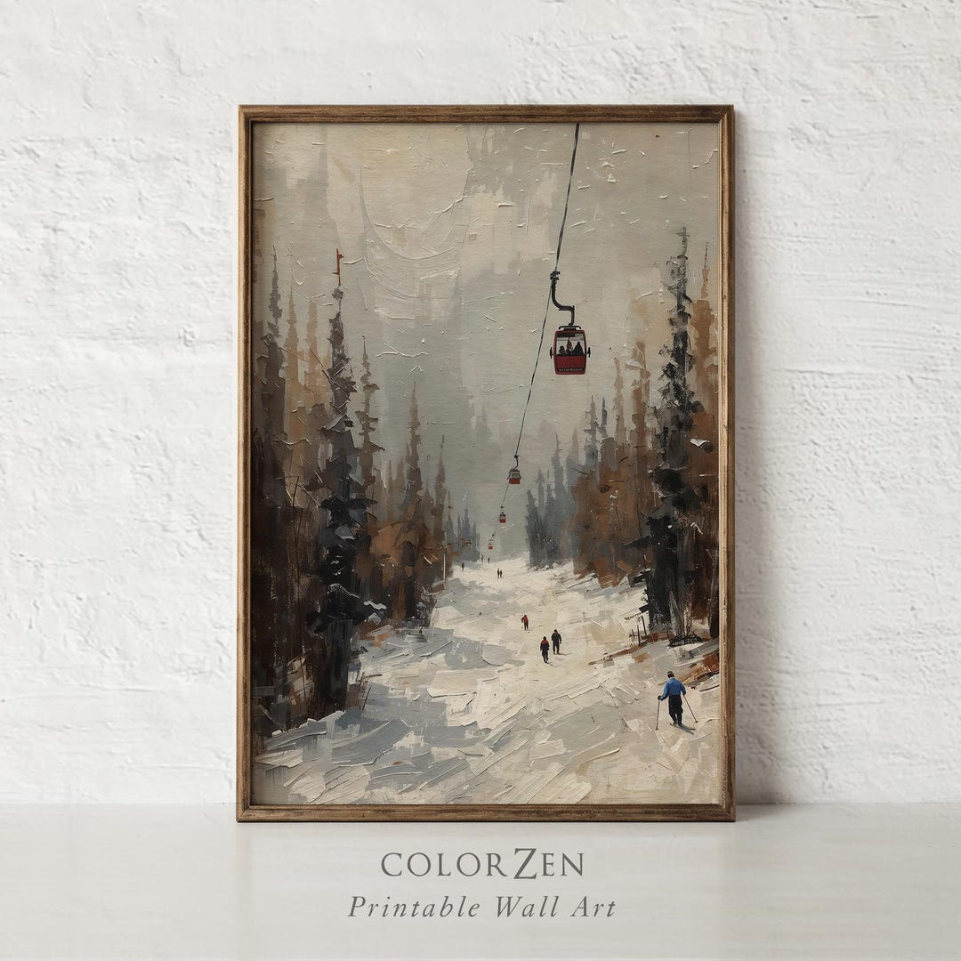 Vintage Ski Art, Moody Snowy Ski Slope Print, Winter Sport Poster, Red ...