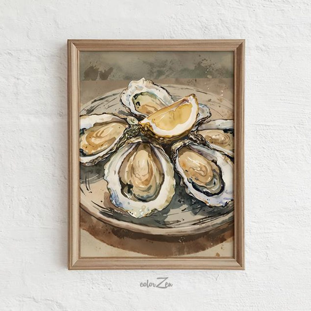 Oyster Print, Watercolor Painting of Oysters With Lemon, Oyster ...