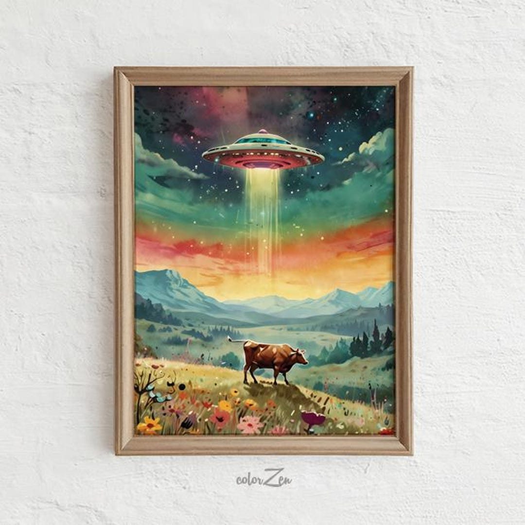 UFO Cow Art Print Funny Retro Wall Decor Cow Abduction Poster Eclectic ...