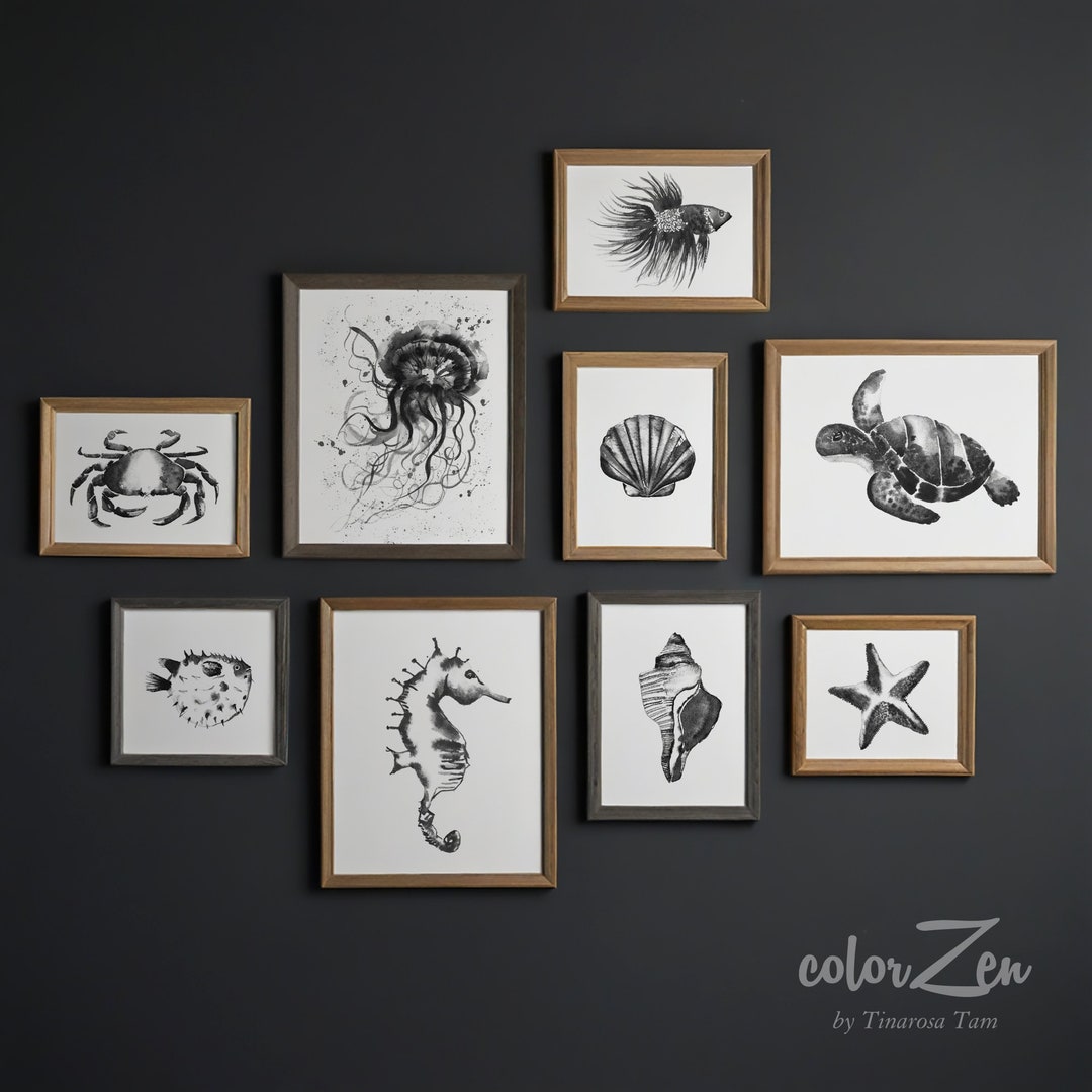 Black and White Sea Creatures Gallery Wall Set of 9 Wall Art, Marine ...