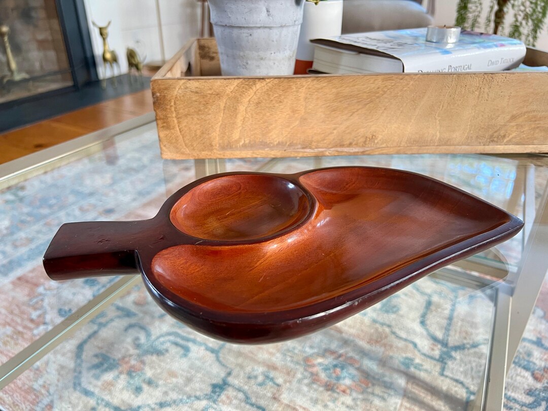 Vintage Leaf Wood Serving Tray, Divided Wooden Dish, 12" Mid Century ...