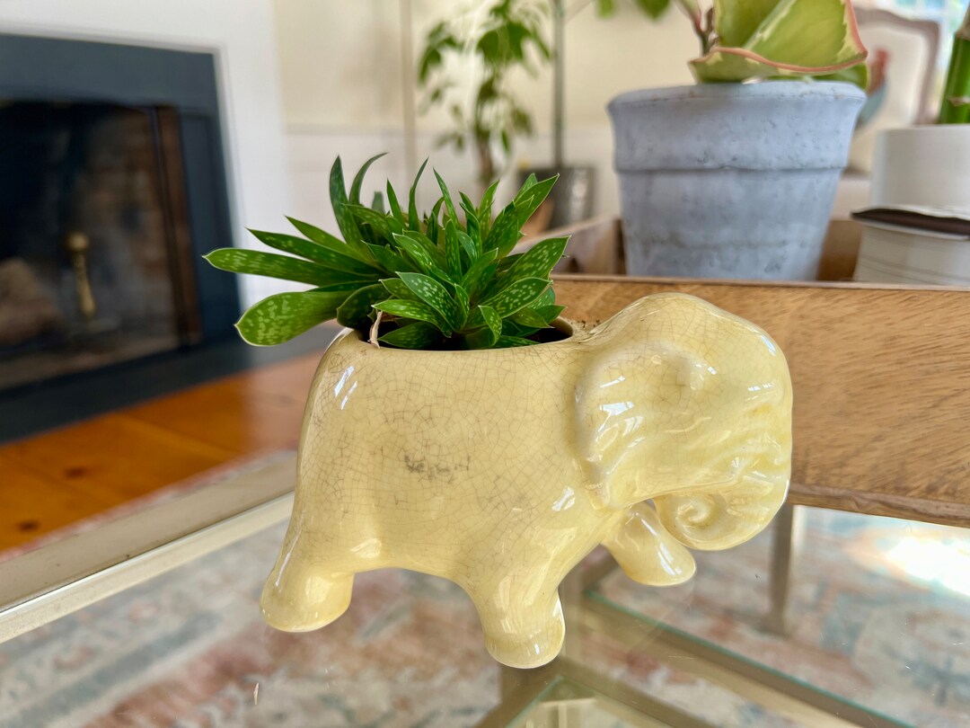 Vintage Ceramic Elephant Planter, Soft Yellow Flower Pot, Pastel Yellow ...