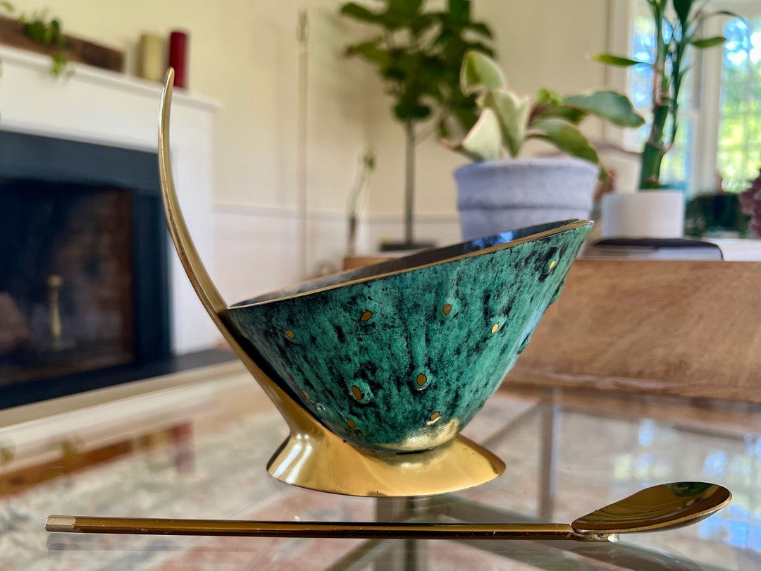 Rare Oppenheim Mid Century Modern Enamel Hammered Brass Bowl, Handled ...