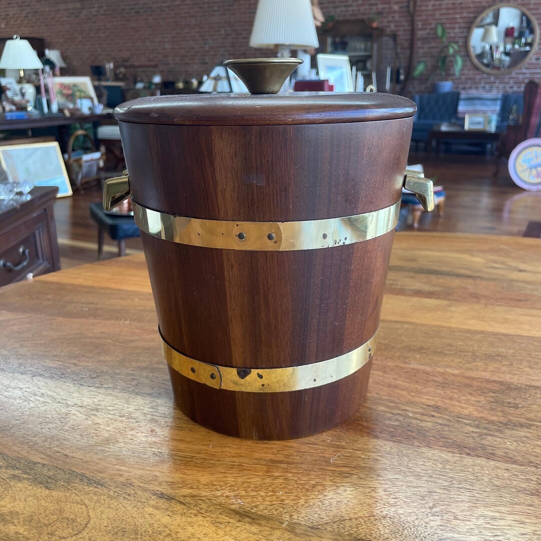 Vintage Mid-century Walnut Ice Bucket With Brass Bands & Handles - Etsy