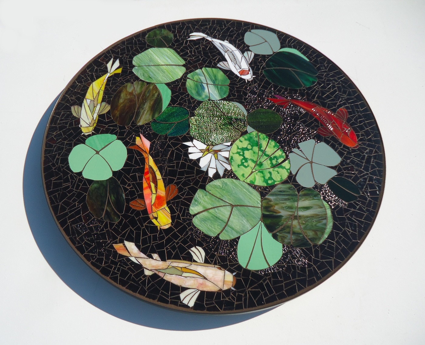 KOI FISH MOSAIC Table Top - Hand Cut Stained Glass - Indoor Outdoor ...