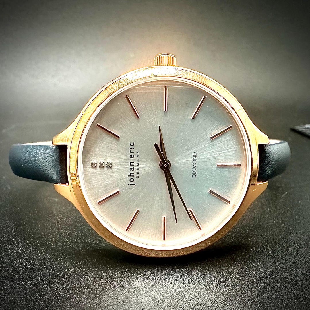 Vintage Johan Eric Herlev Women's Watch: Rose Gold Dial, Blue Leather ...