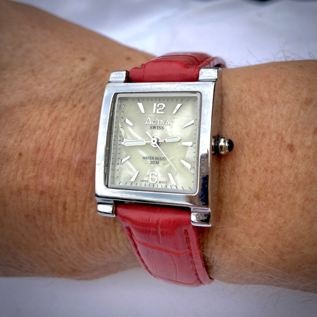 Vintage Activa Swiss Watch: MOP Face, Red Leather Band - Etsy