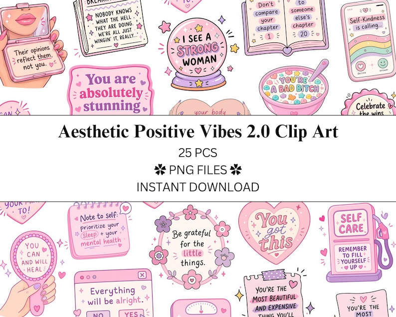 25 Pcs Aesthetic Positive Vibes Bundle 2.0 | PNG Files | Transparent ...