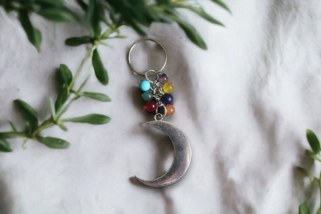 Chakra Beaded Half Moon Charm Keychain Beads Boho Keyring Yoga Talisman ...