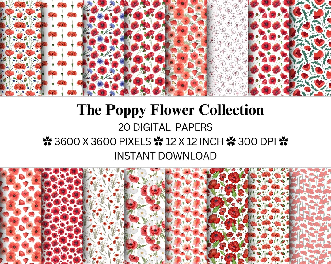 The Poppy Flower Collection Printable Papers | Digital Files Instant ...