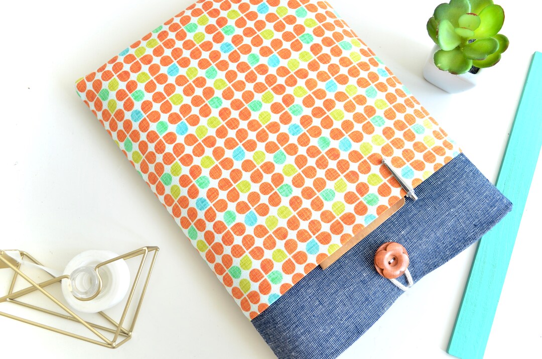 Handmade iPad Case With Retro Mod Floral Pocket & Navy Linen Blend ...