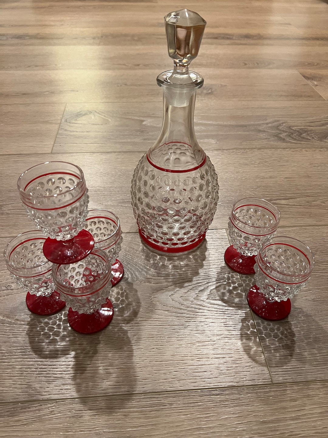 Vintage Red Stripe Clear Bumpy Glass Decanter With 6 Matching Cordial ...