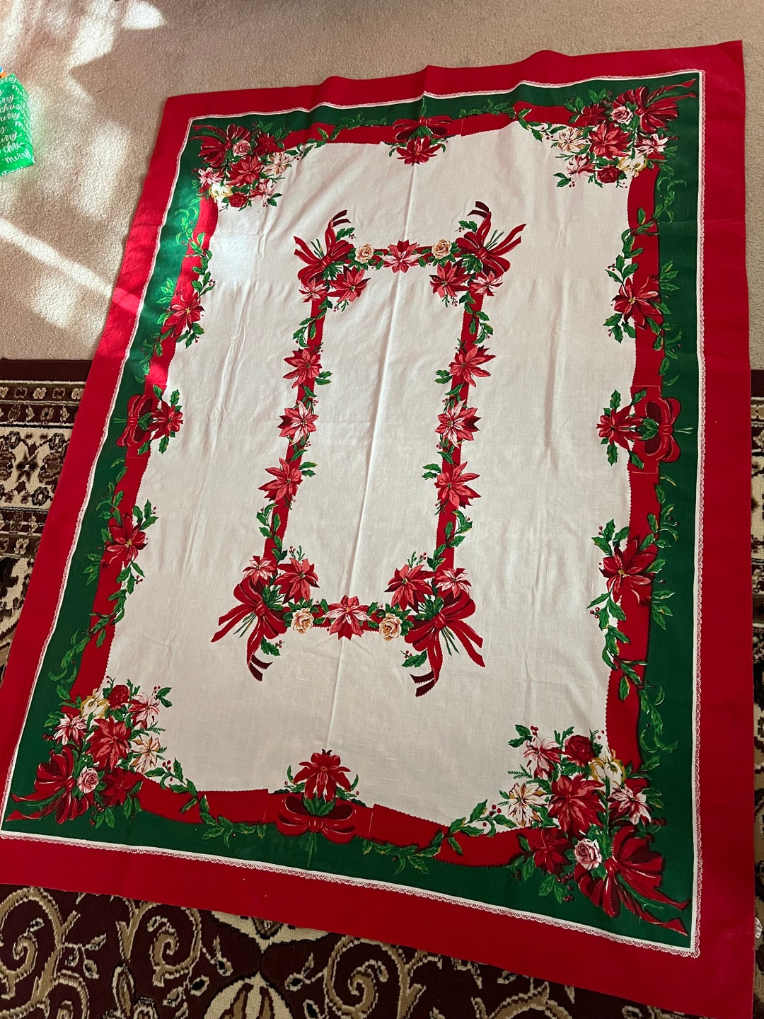 Vintage White Rectangle Christmas Poinsettia Table Cloth, Christmas ...