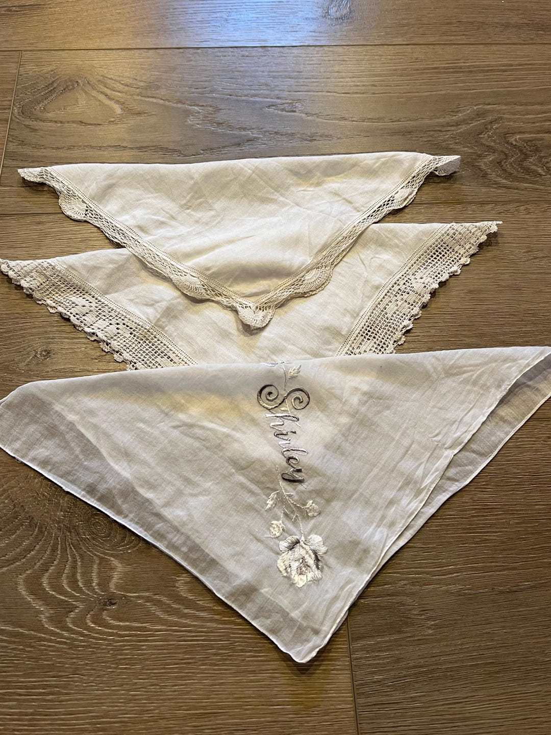 Vintage Mid Century Set of 3 White Ladies Handkerchiefs, Personalized ...