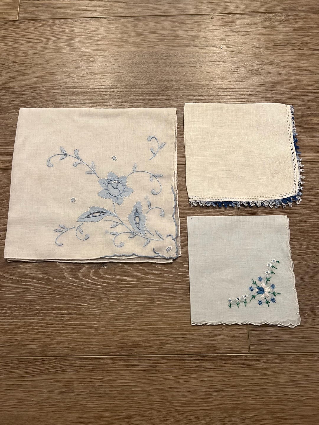 Vintage Mid Century Set of 3 Ladies Fancy Handkerchiefs, Blue Accent ...