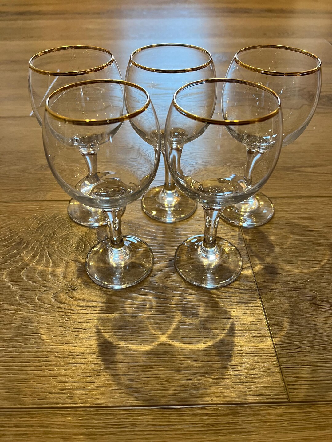 Vintage Set of 5 Gold Tone Rim Water Wine Goblets, Gold Rim Stemmed ...