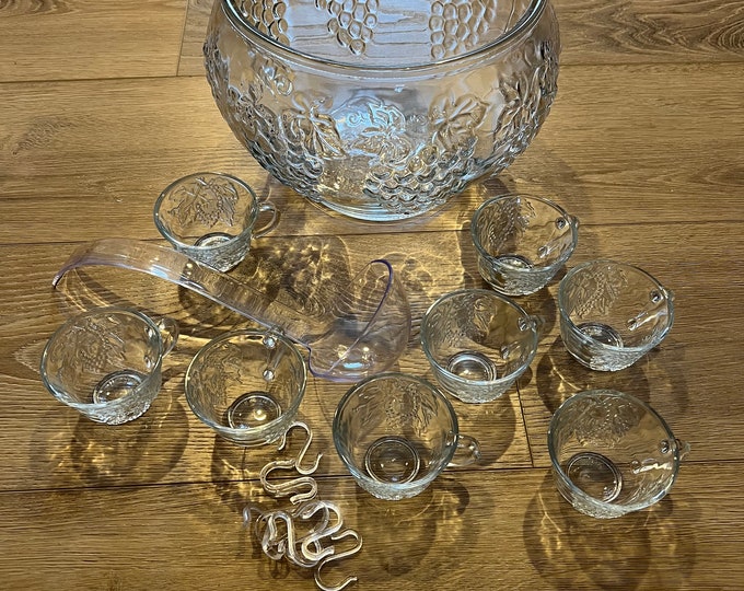 Vintage Indiana Glass Crystal Happenings Grape Punch Bowl 18 Piece Set ...
