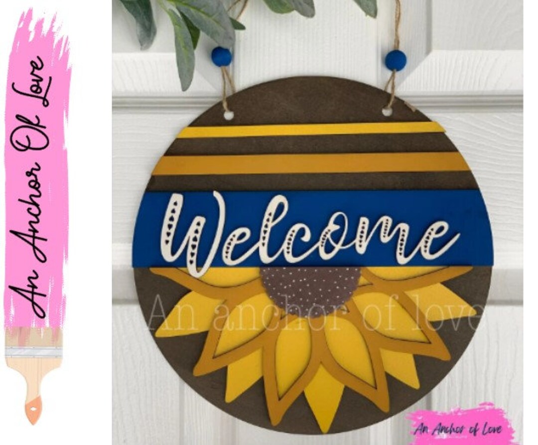 Sunflower Door Round-sunflower Decor-blue and Yellow Sunflower Decor ...