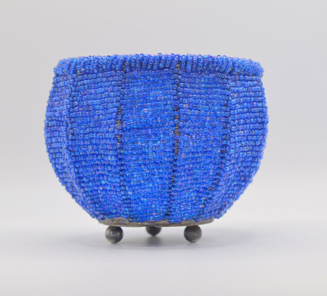 Vintage Blue Beaded Container; Blue Boudoir Container; Jewelry ...