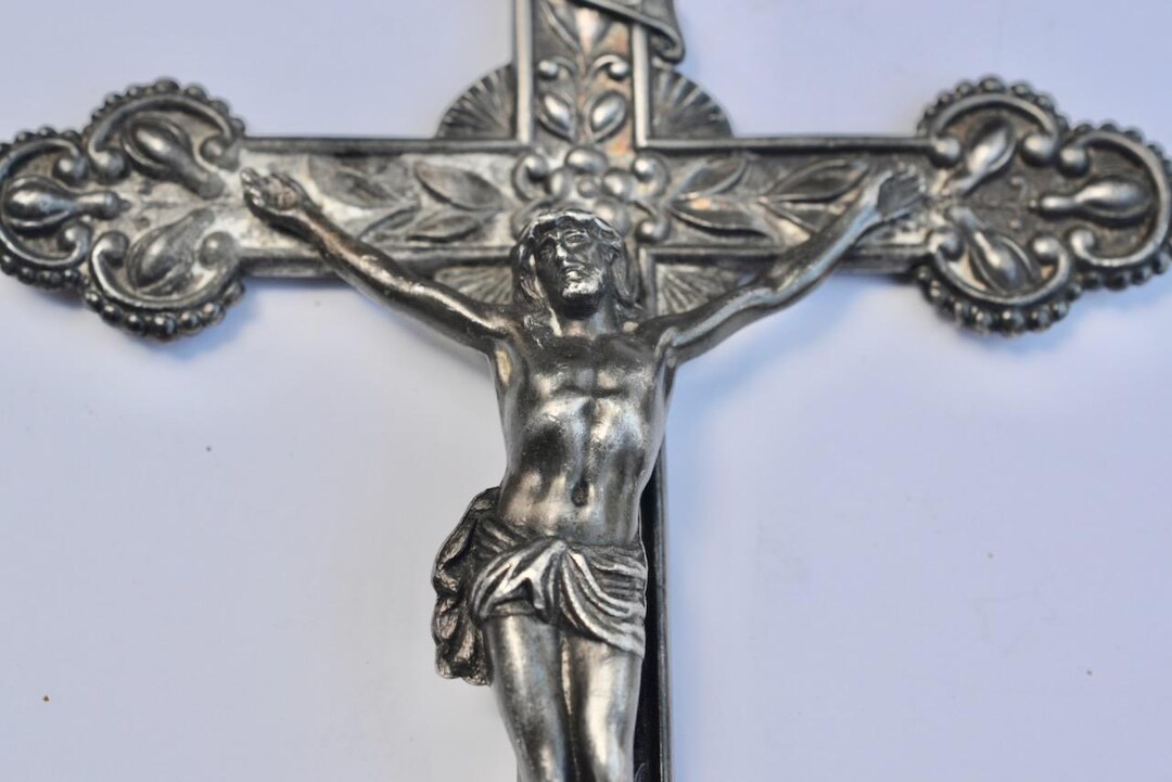 Vintage Large Crucifix; Silver Patinaed Metal Intricate Crucifix ...