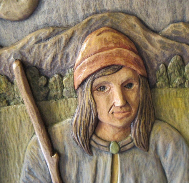 The Journeyer, Relief Carving of Female Pilgrim. Mountain Landscape ...