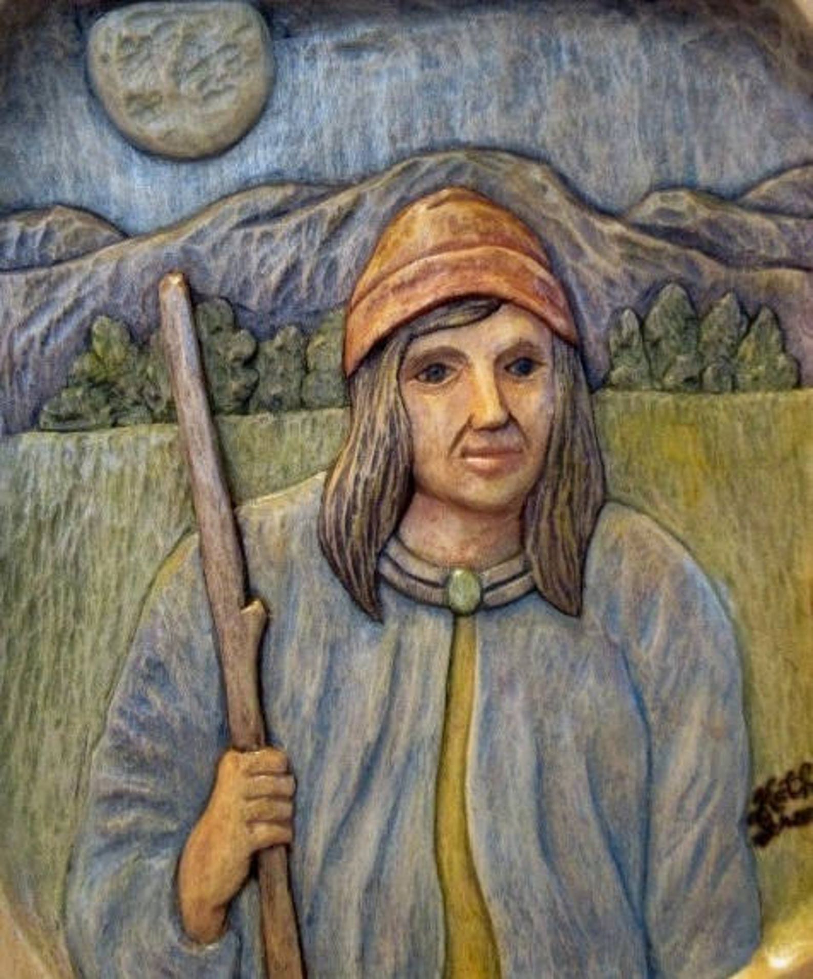 The Journeyer, Relief Carving of Female Pilgrim. Mountain Landscape ...