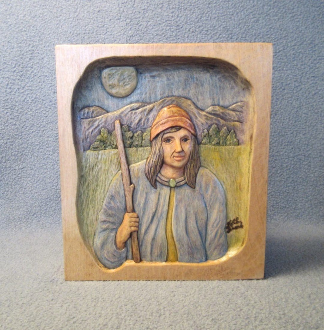 The Journeyer, Relief Carving of Female Pilgrim. Mountain Landscape ...
