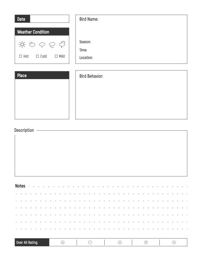 Birdwatching Log Digital Download Printable PDF Unique Gift Idea Bird ...