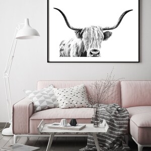 Highland Cow Print Black and White, Monotone Cow Wall Art, Scottish Cow ...
