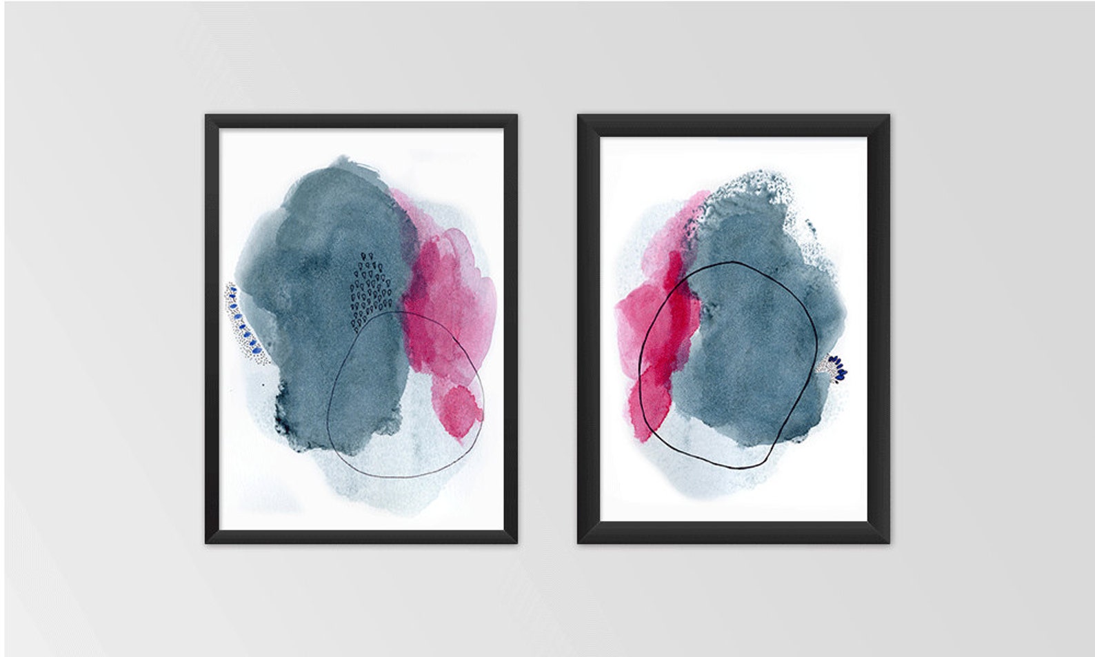 Large Abstract Art Print Set in Pink and Blue - Etsy