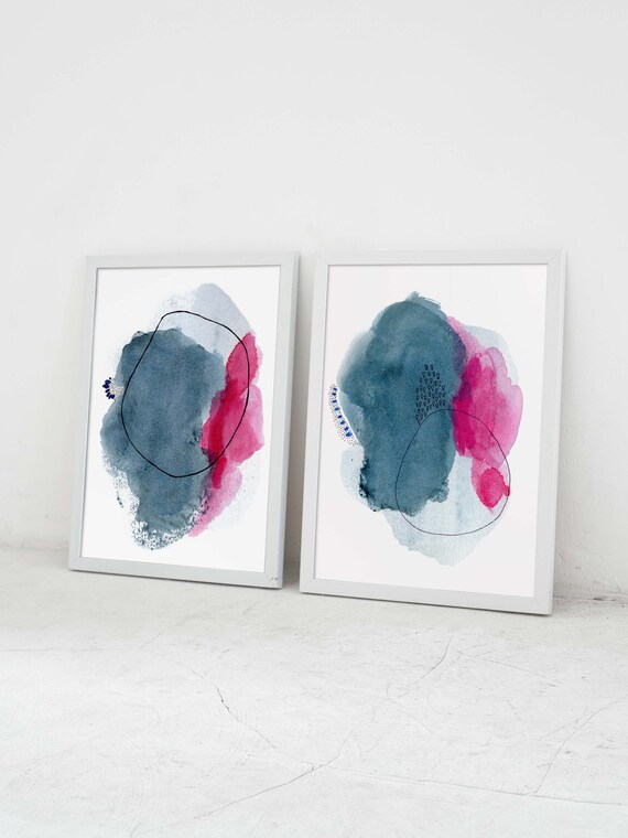 Large Abstract Art Print Set in Pink and Blue | Etsy