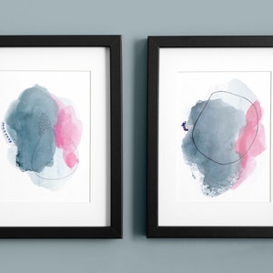 Large Abstract Art Print Set in Pink and Blue - Etsy