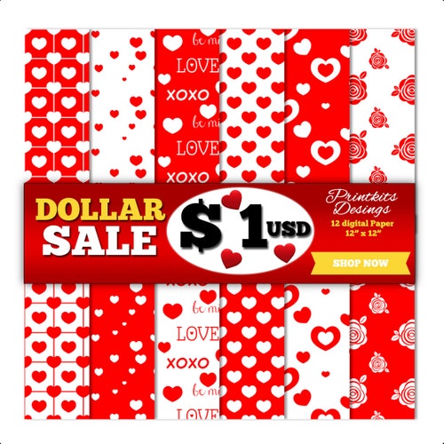 Sweet Heart Valentines Day Digital Papers in Red and Pink | Etsy