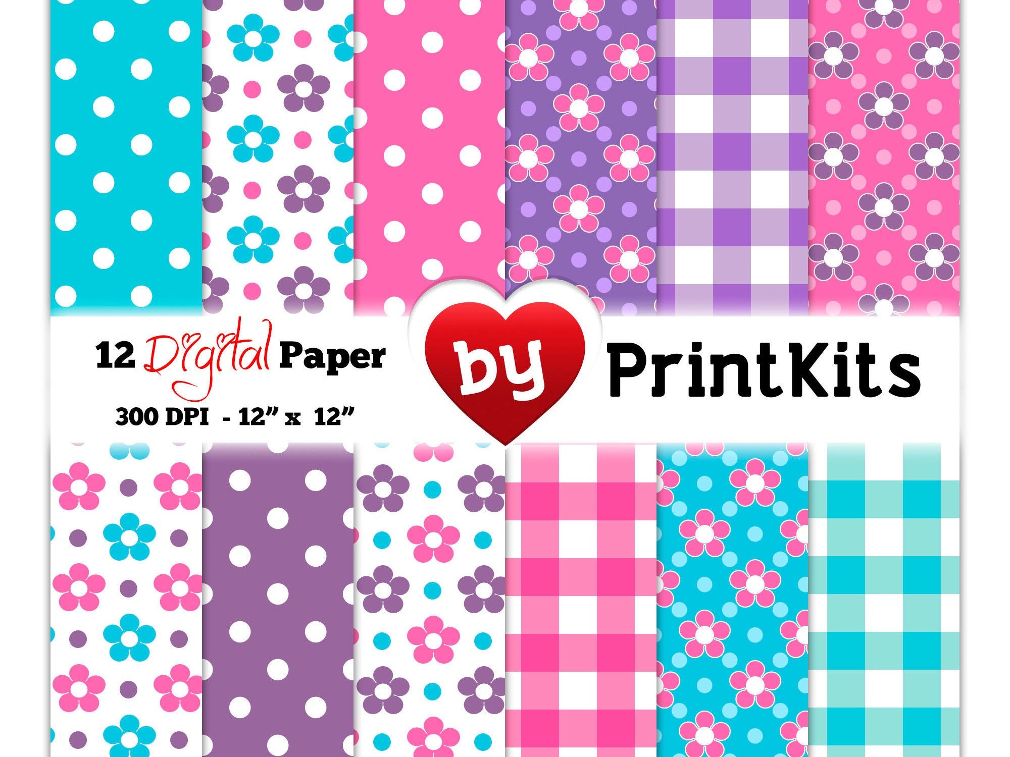 Papel Digital Rosa Celeste y Violeta. Fondos a lunares, cuadrille y flores. Papel Imprimible ...