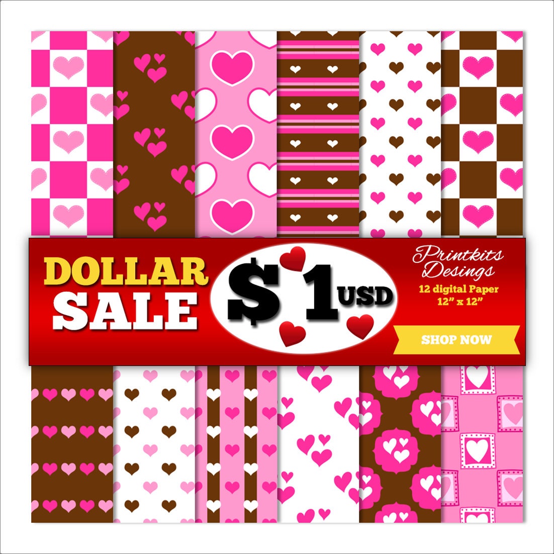 Valentine's Digital Paper Pack Valentine's Papers Brown & Pink Digital ...