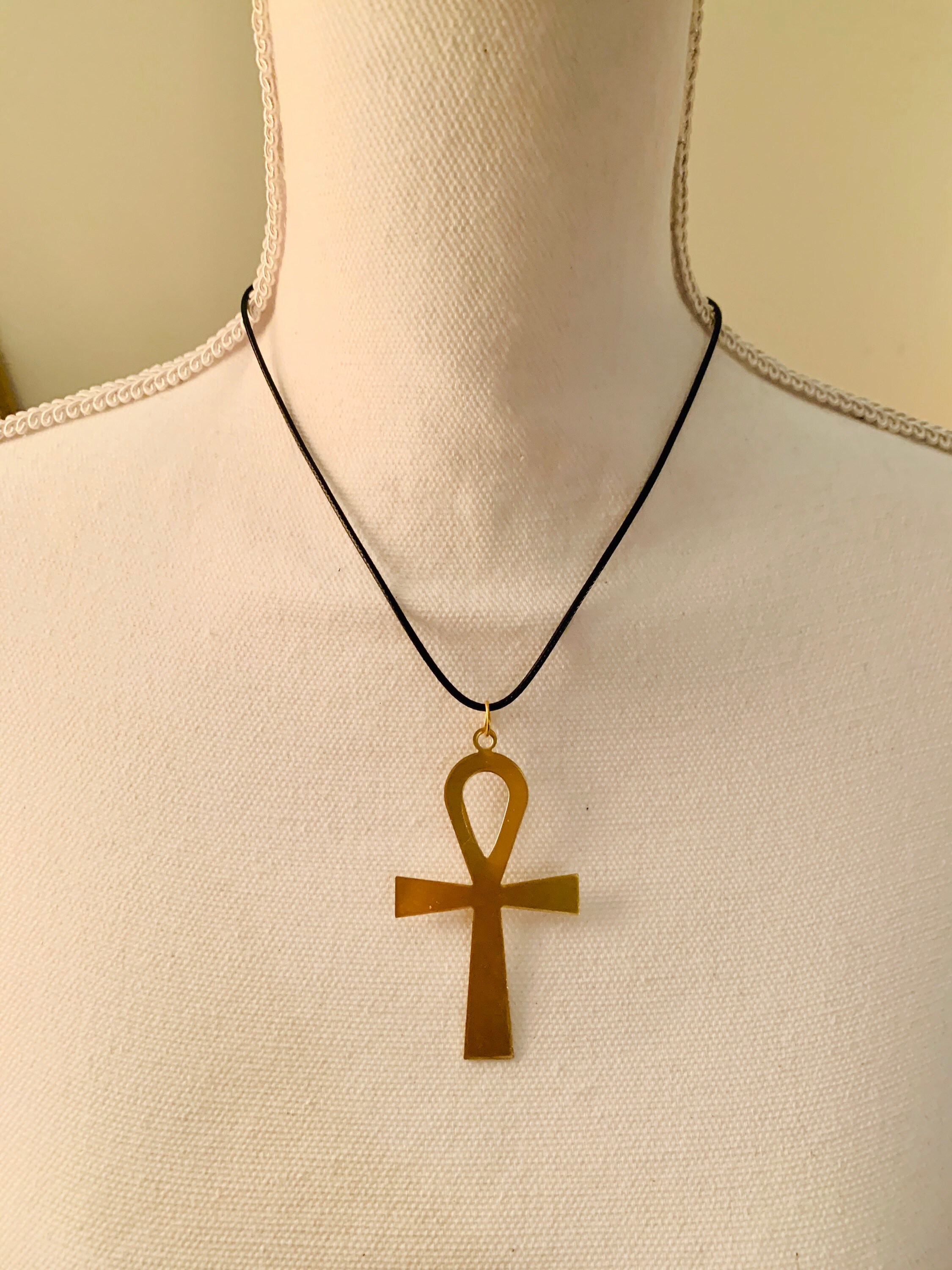 Vintage 90s Gold Plated Ankh Black Leather Choker Statement Necklace - Etsy
